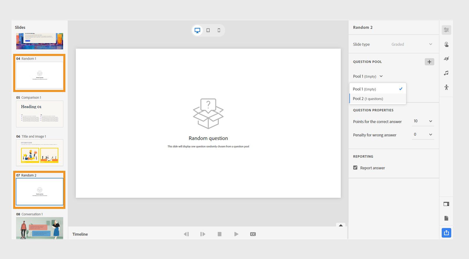 Add Question Pools and random questions in Adobe Captivate